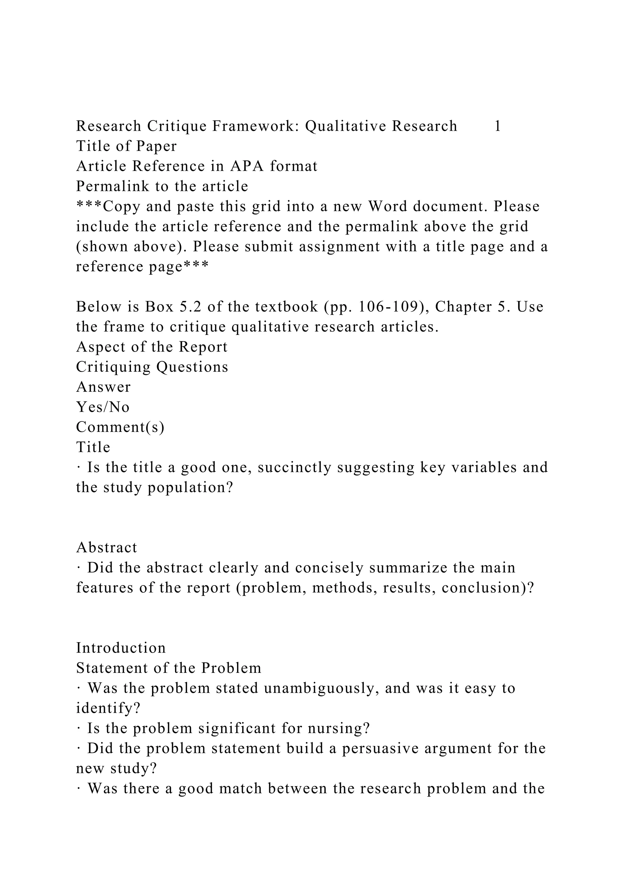 Research Critique Framework Qualitative Research1Title of Pape.docx ...