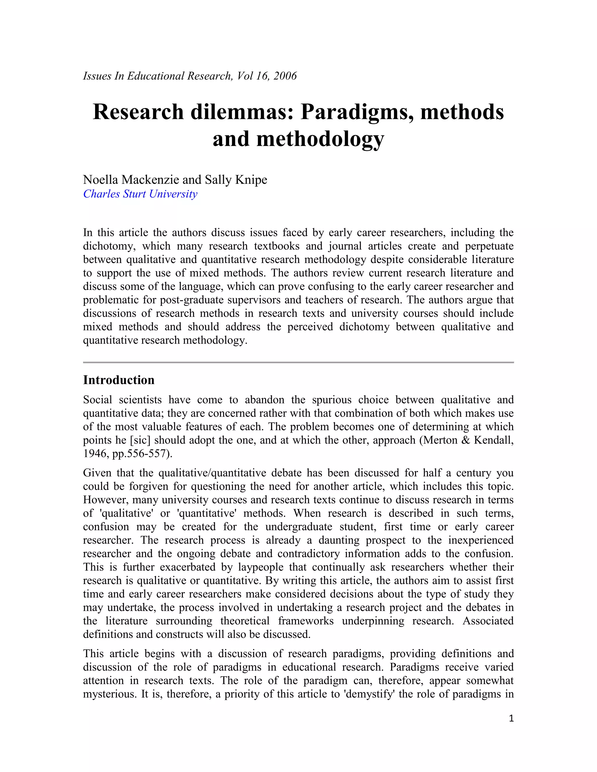 Research Dilemmas Paradigms, Methods and Methodology | PDF