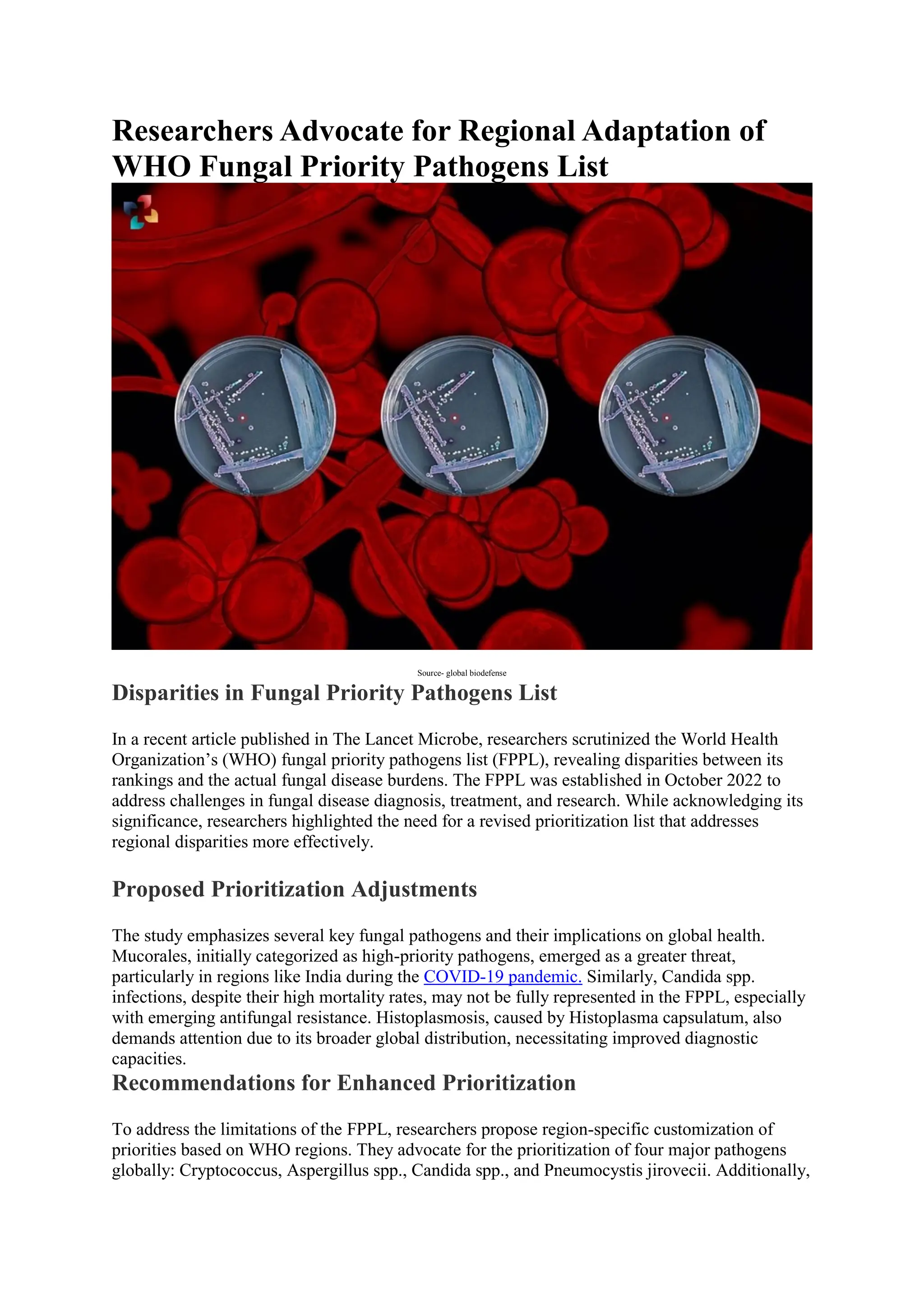Researchers Advocate for Regional Adaptation of WHO Fungal Disease ...