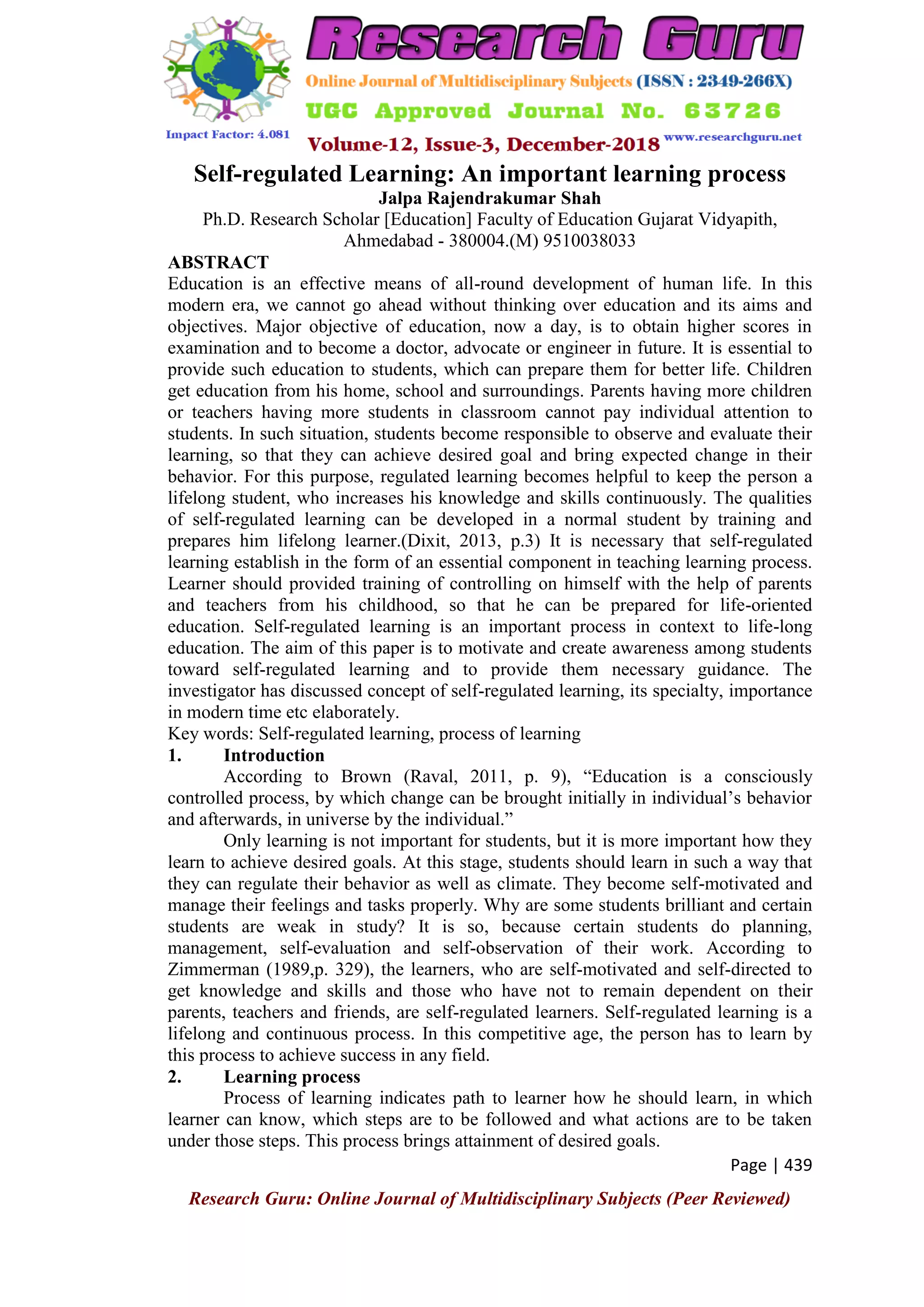 Self-regulated Learning: An important learning process Jalpa Rajendrakumar Shah,Ph.D.-Educatio | PDF