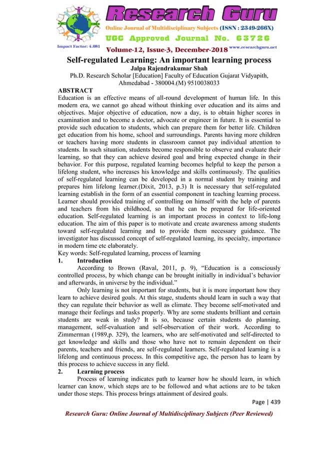 Self-regulated Learning: An important learning process Jalpa ...