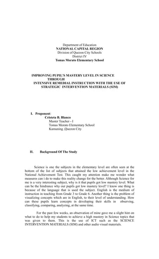 IMPROVING PUPIL'S MASTERY LEVEL IN SCIENCE THROUGH INTENSIVE REMEDIAL ...