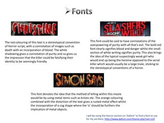 Research into ideas, mise en scene, shooting & editing styles and fonts ...