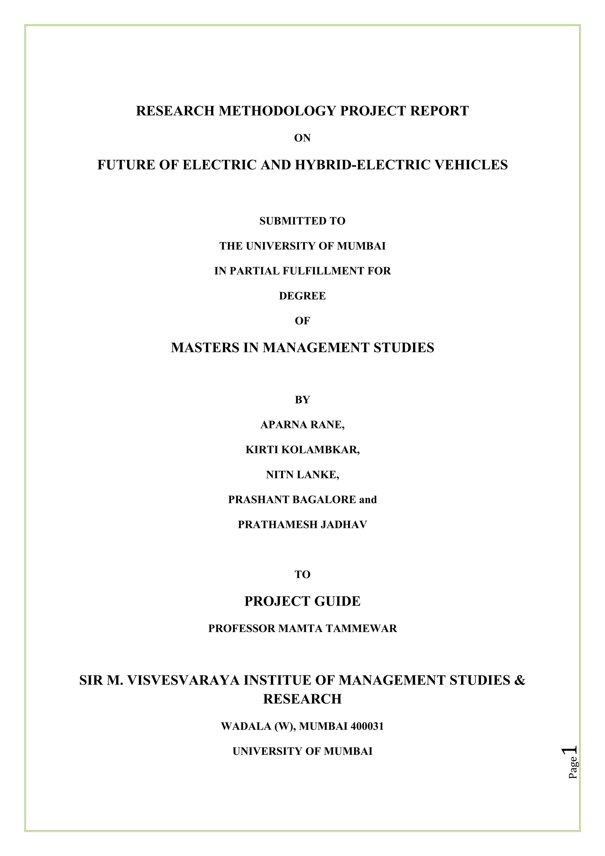 Project Report On Electric Vehicles | DOCX