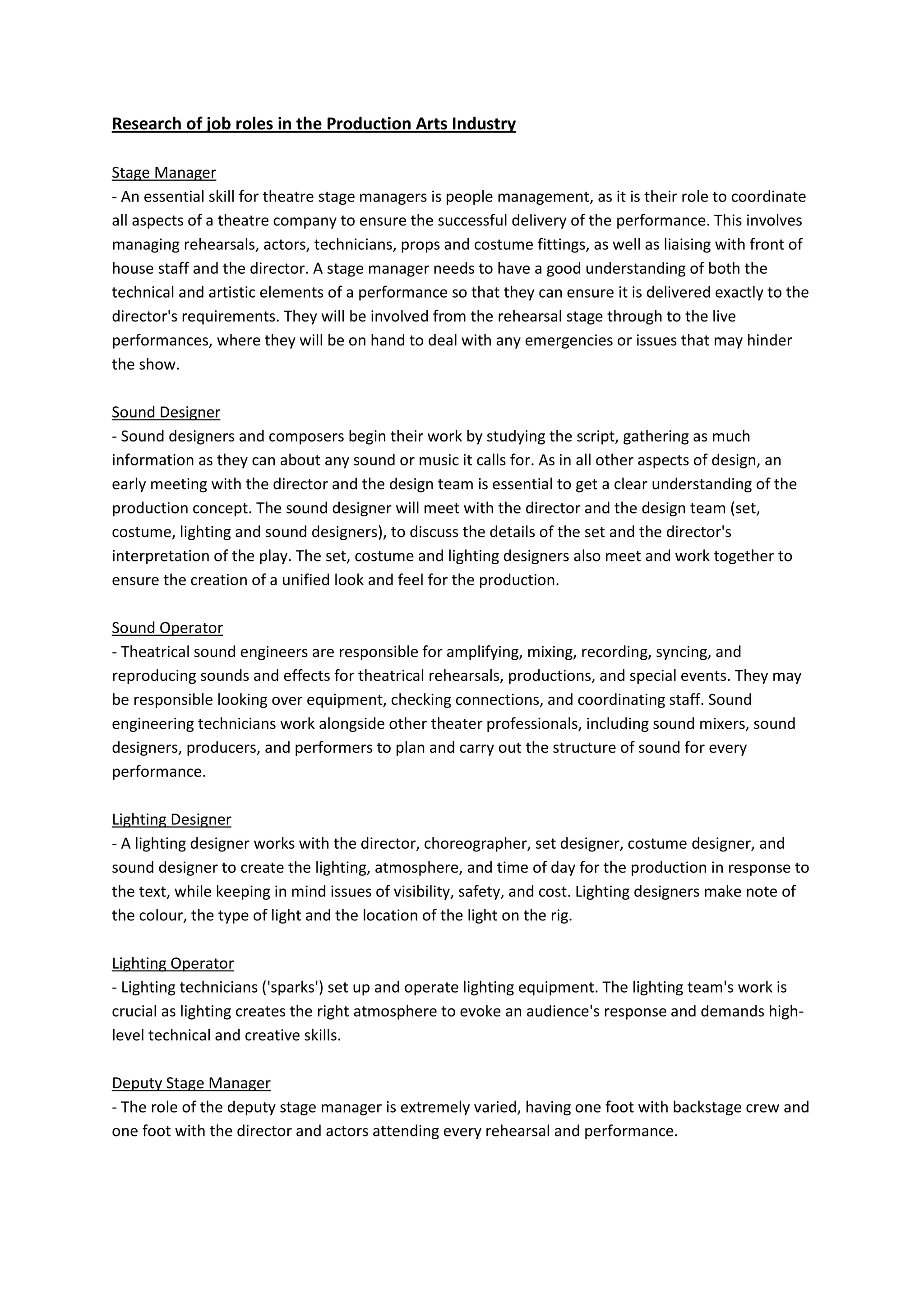 Research of Job Roles in the Production Arts Industry | PDF