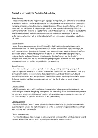 Research of Job Roles in the Production Arts Industry | PDF