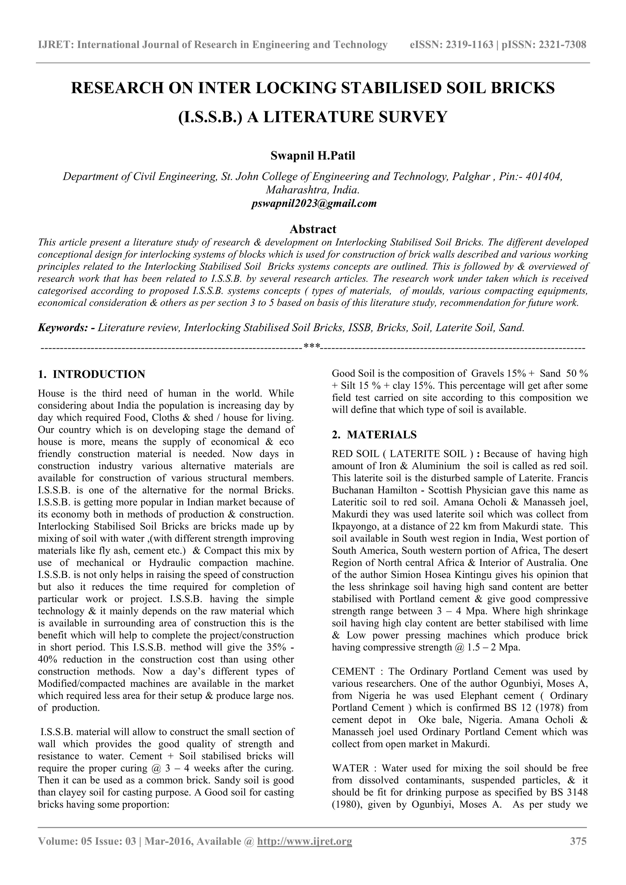 Research on inter locking stabilised soil bricks (i.s.s.b.) a ...