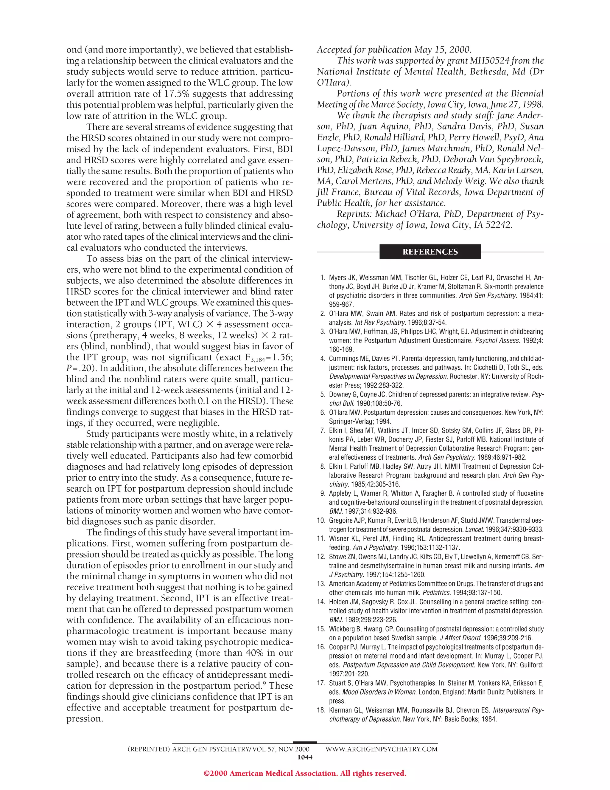 Efficacy of Interpersonal Psychotherapy for Postpartum Depression. (O ...
