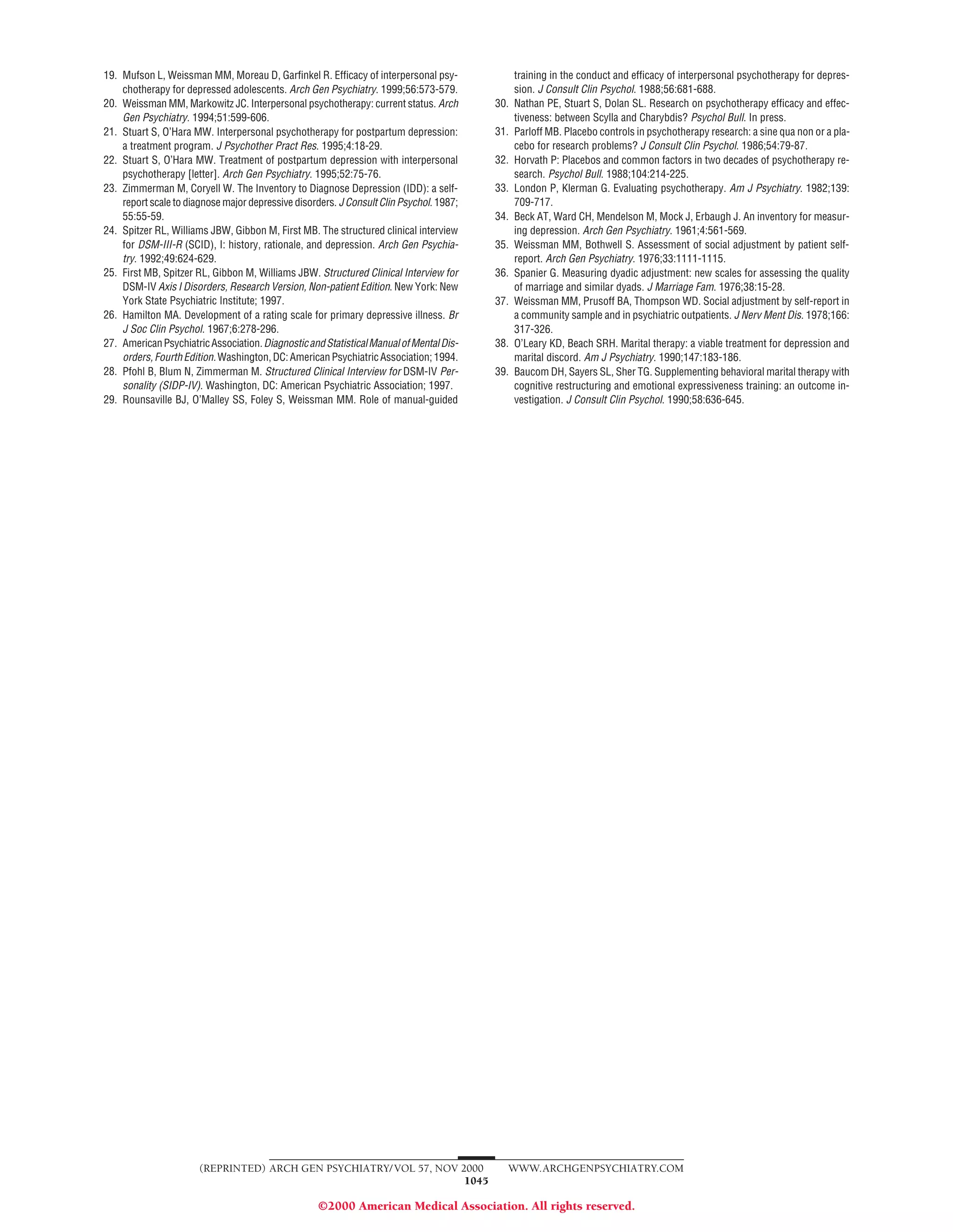 Efficacy of Interpersonal Psychotherapy for Postpartum Depression. (O'hara et al., 2000) | PDF