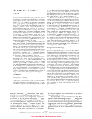Efficacy of Interpersonal Psychotherapy for Postpartum Depression. (O ...