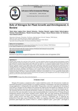 Role of Nitrogen for Plant Growth and Development: A Review | PDF