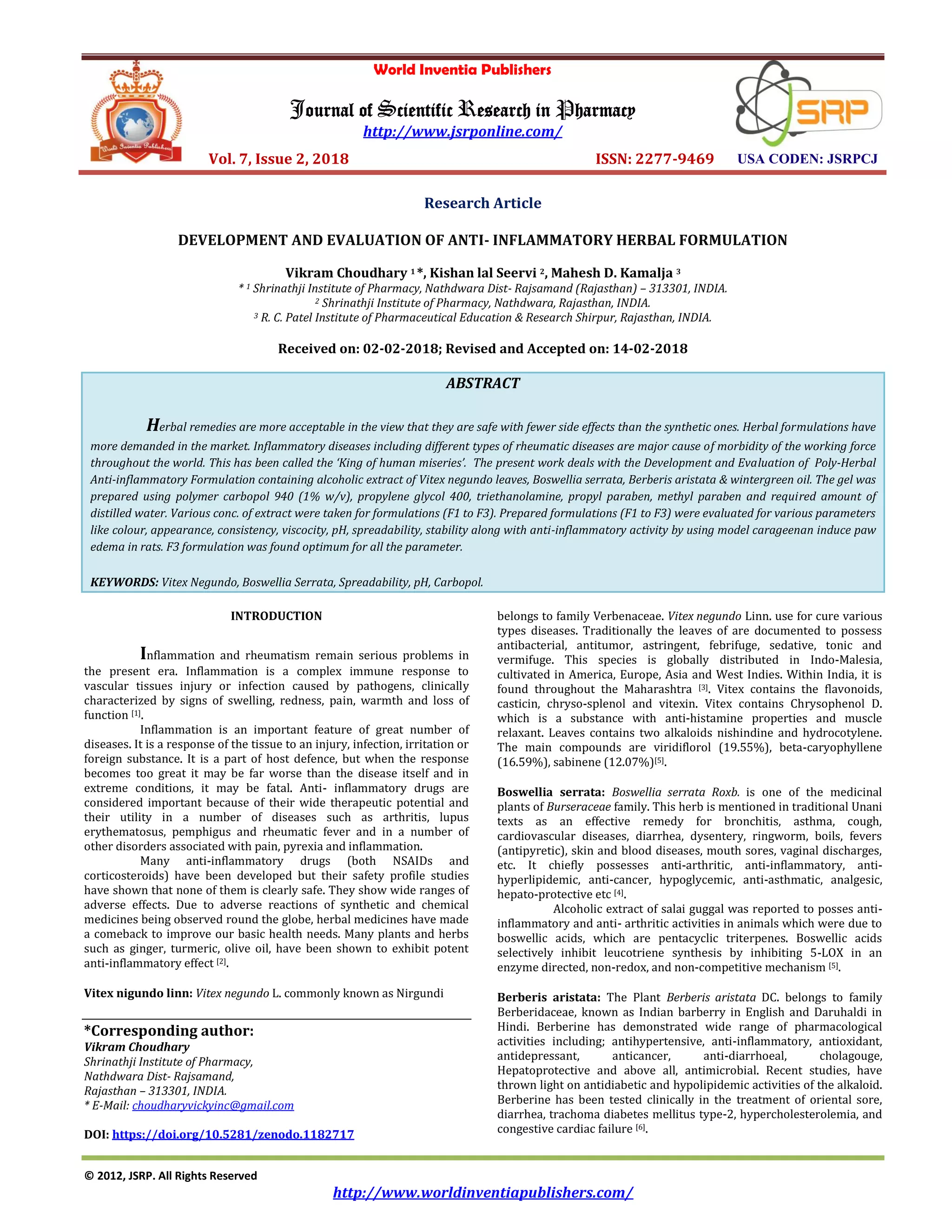 DEVELOPMENT AND EVALUATION OF ANTI- INFLAMMATORY HERBAL FORMULATION | PDF