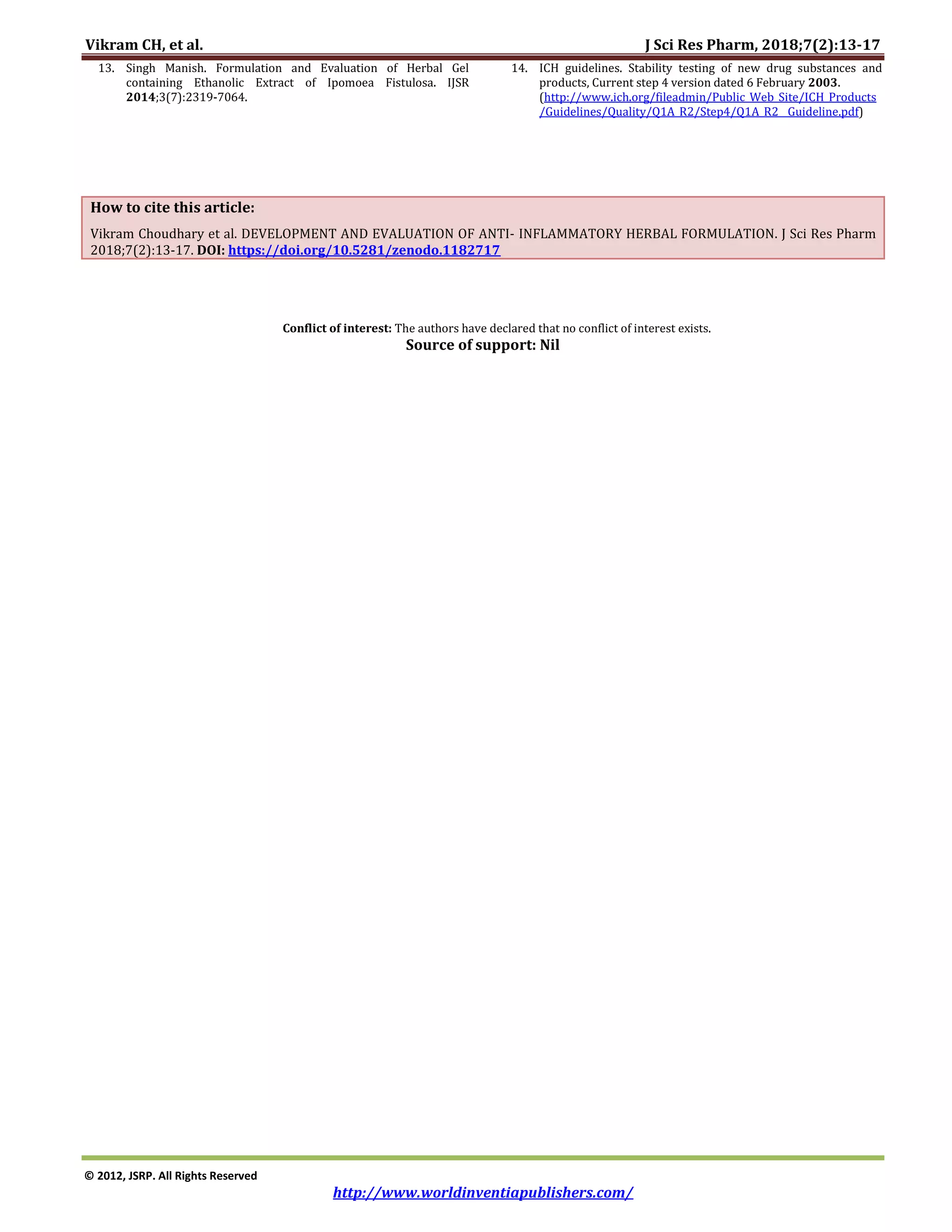 DEVELOPMENT AND EVALUATION OF ANTI- INFLAMMATORY HERBAL FORMULATION | PDF