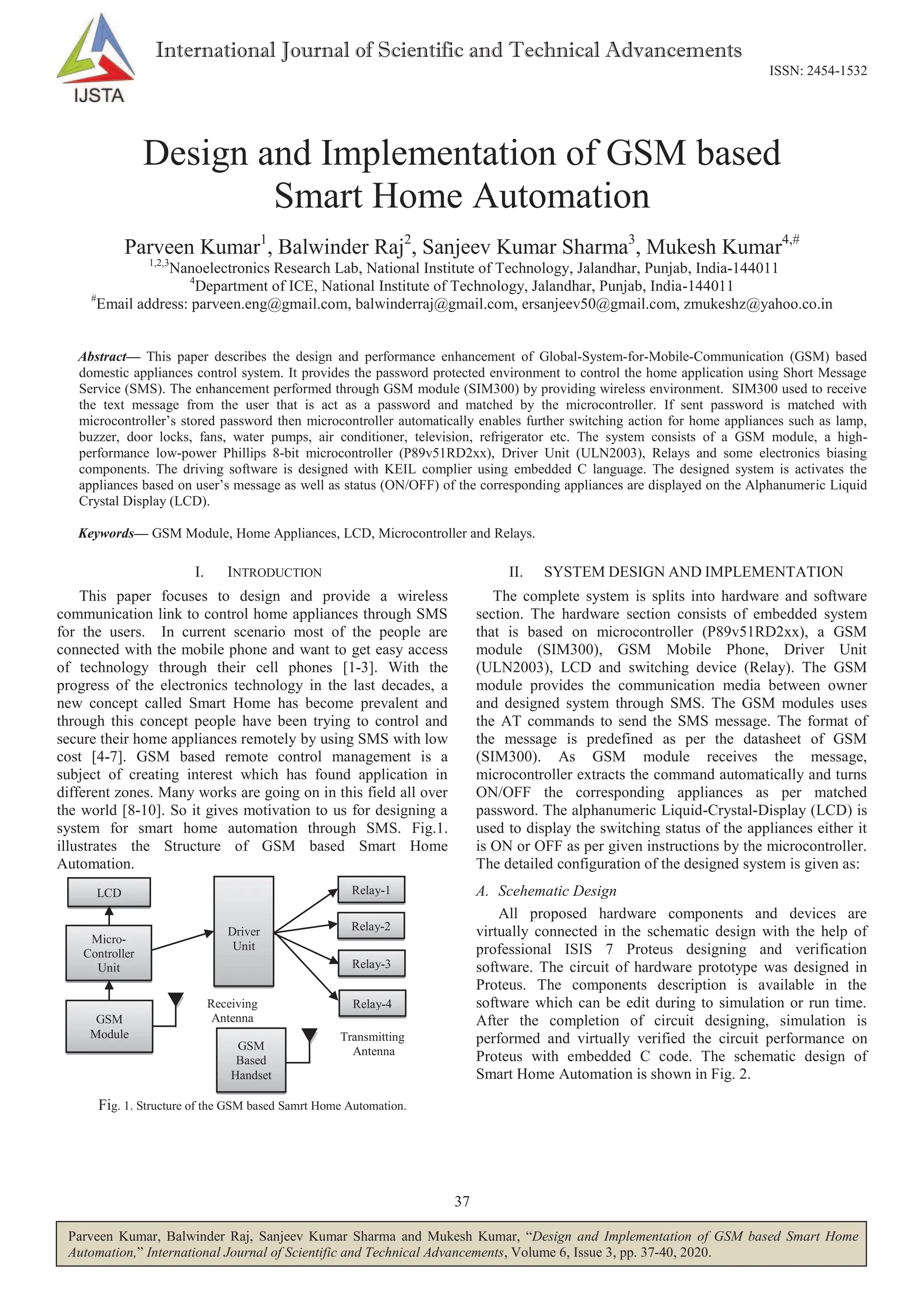 Research article-Design and Implementation of GSM based Smart Home Automation | PDF