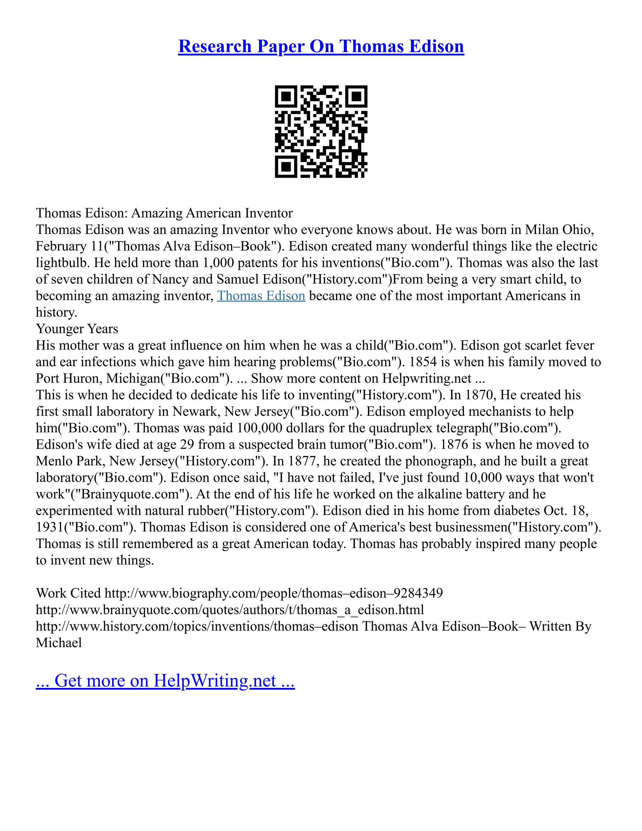 Research Paper On Thomas Edison | PDF