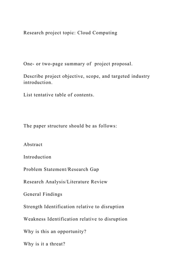Research Project Topic Cloud Computingone Or Two Page Sudocx