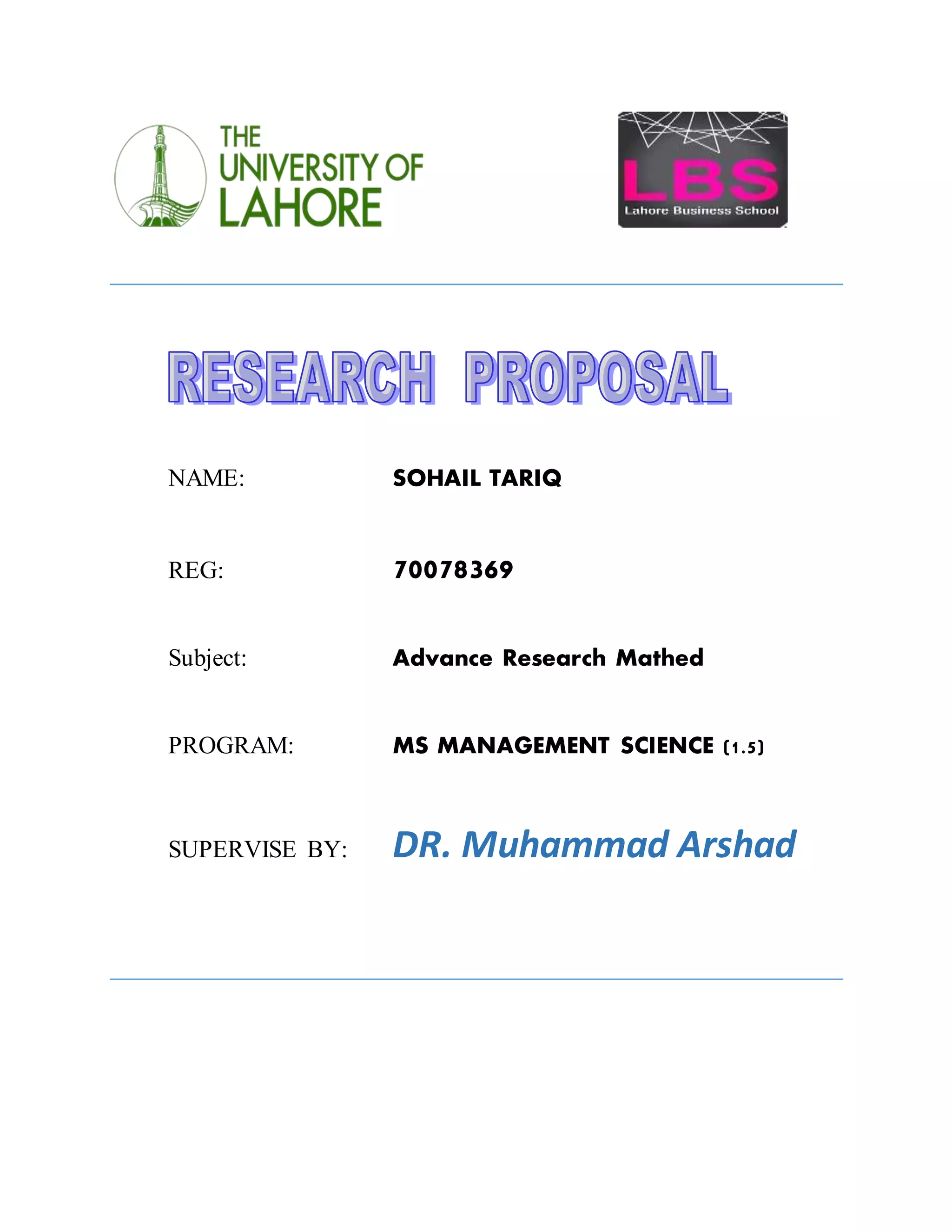 Research proposal of sohail tariq (ms management science) uol | PDF