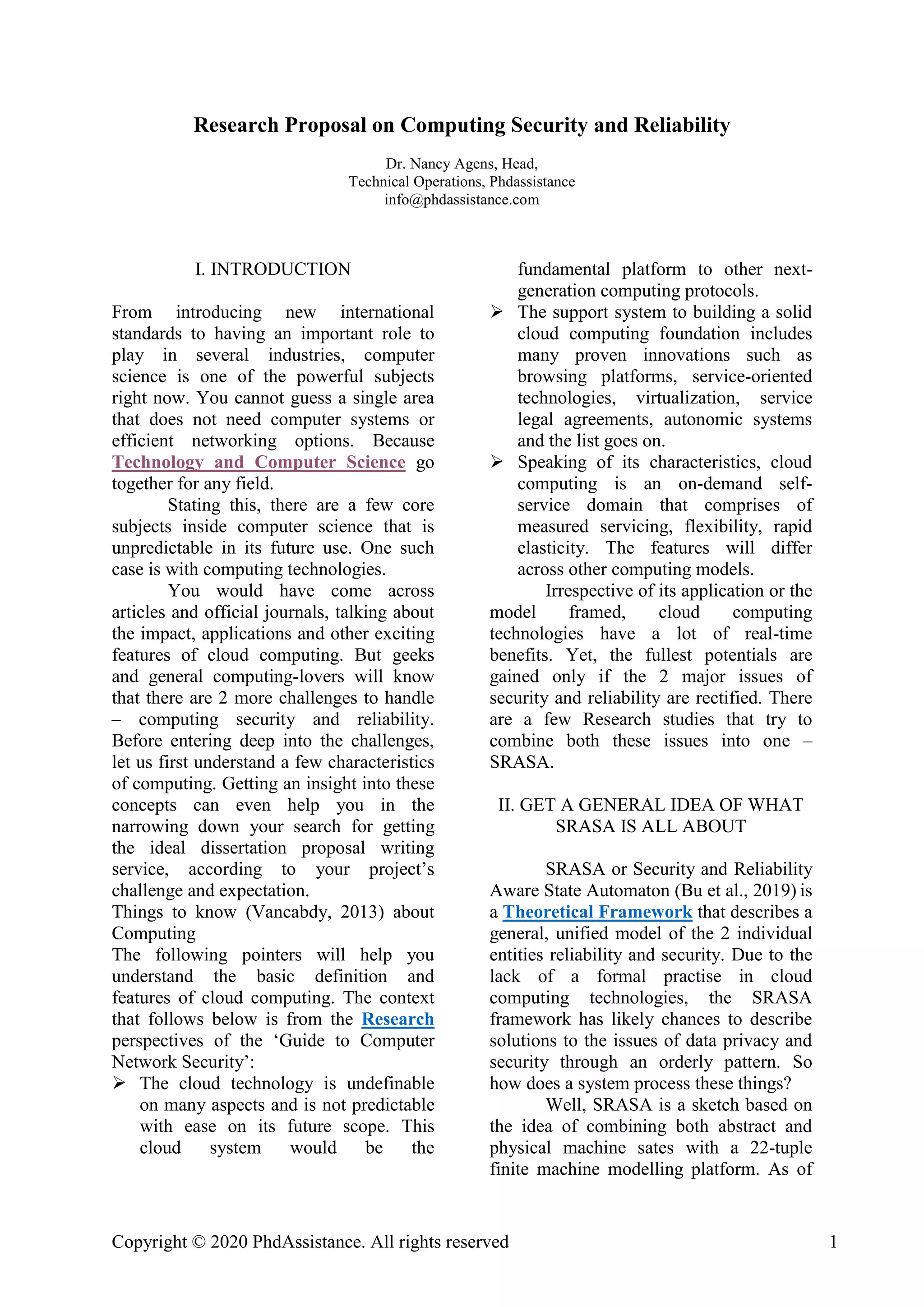 Research proposal on Computing Security and Reliability - Phdassistance.com