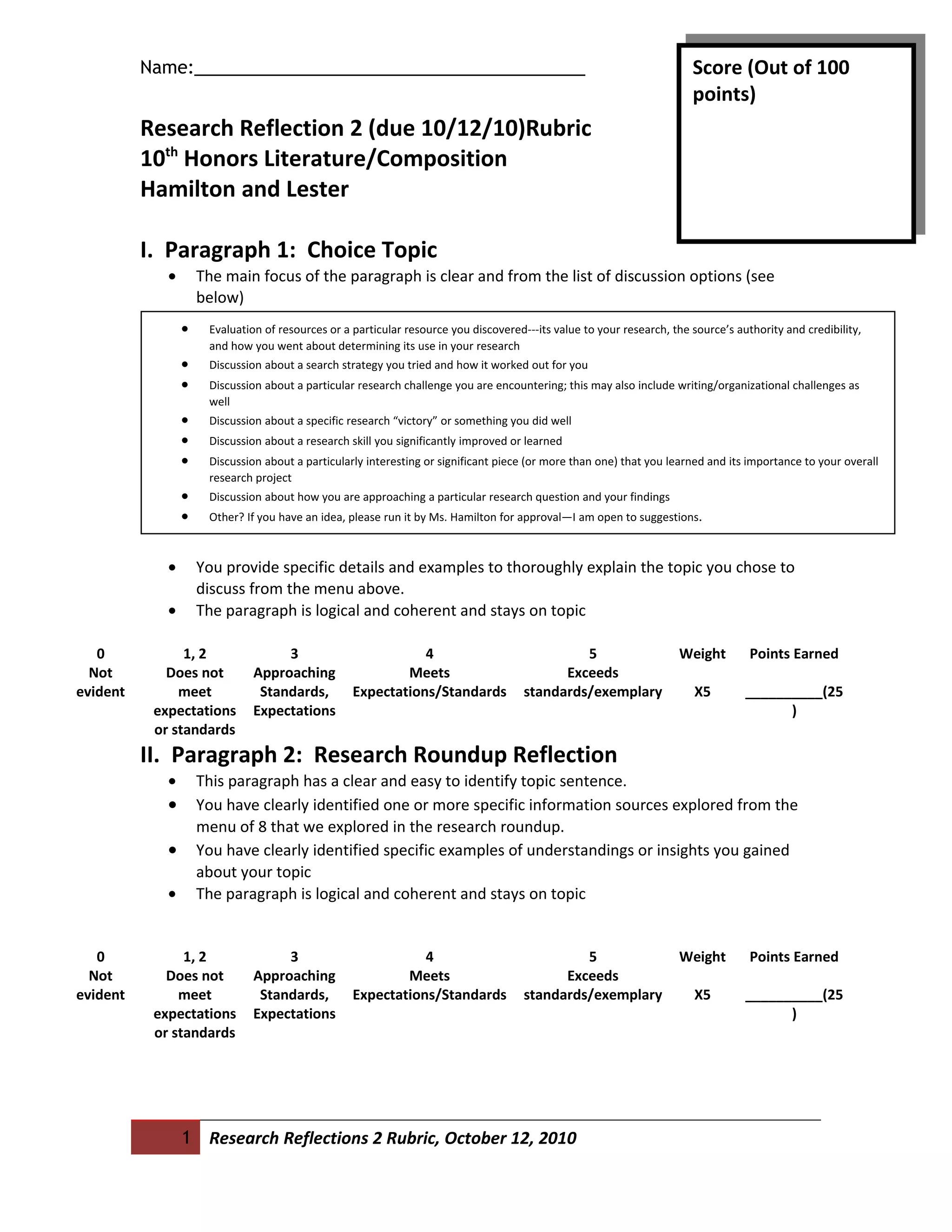 Research Reflections Blog Entry 2 Rubric | PDF