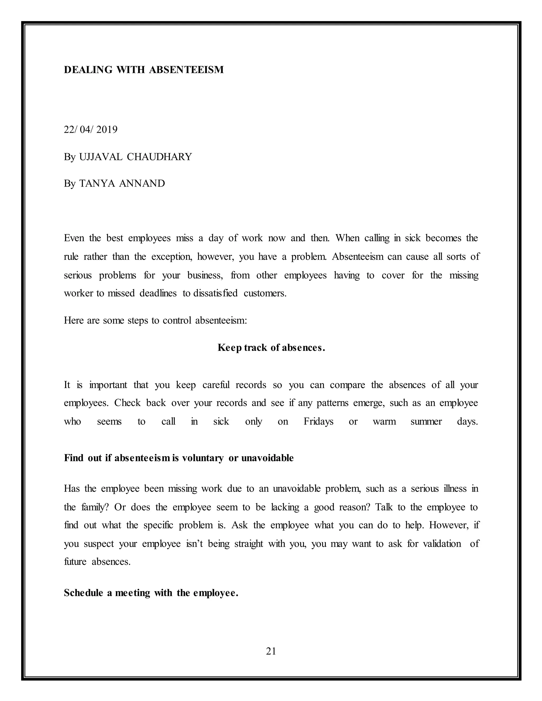 Research Report on Employee's Absenteeism | DOCX