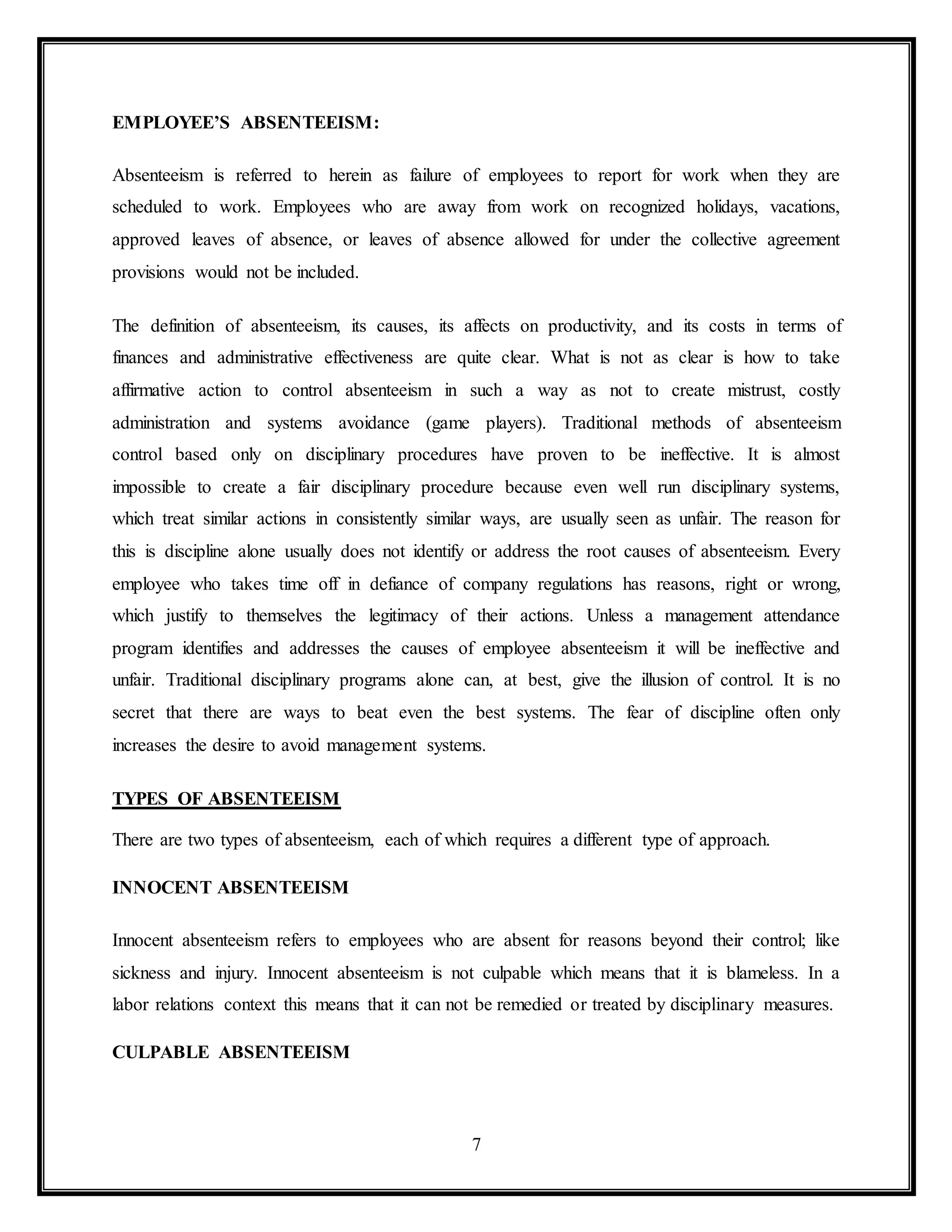 Research Report on Employee's Absenteeism | DOCX