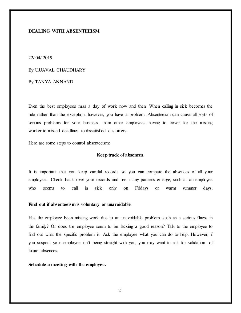 Research Report on Employee's Absenteeism