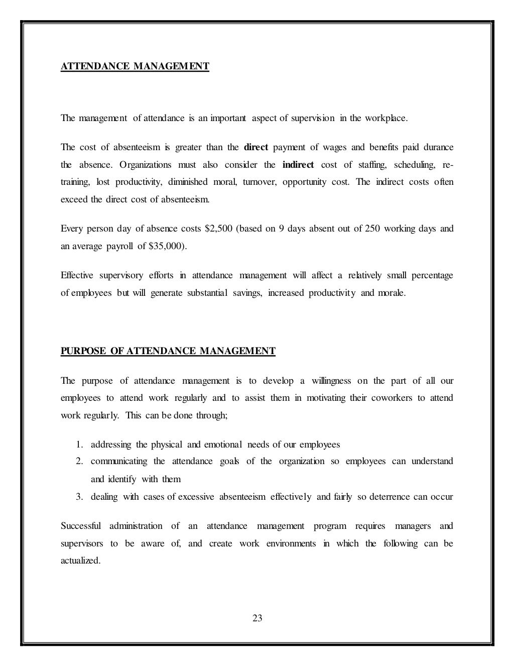 Research Report on Employee's Absenteeism