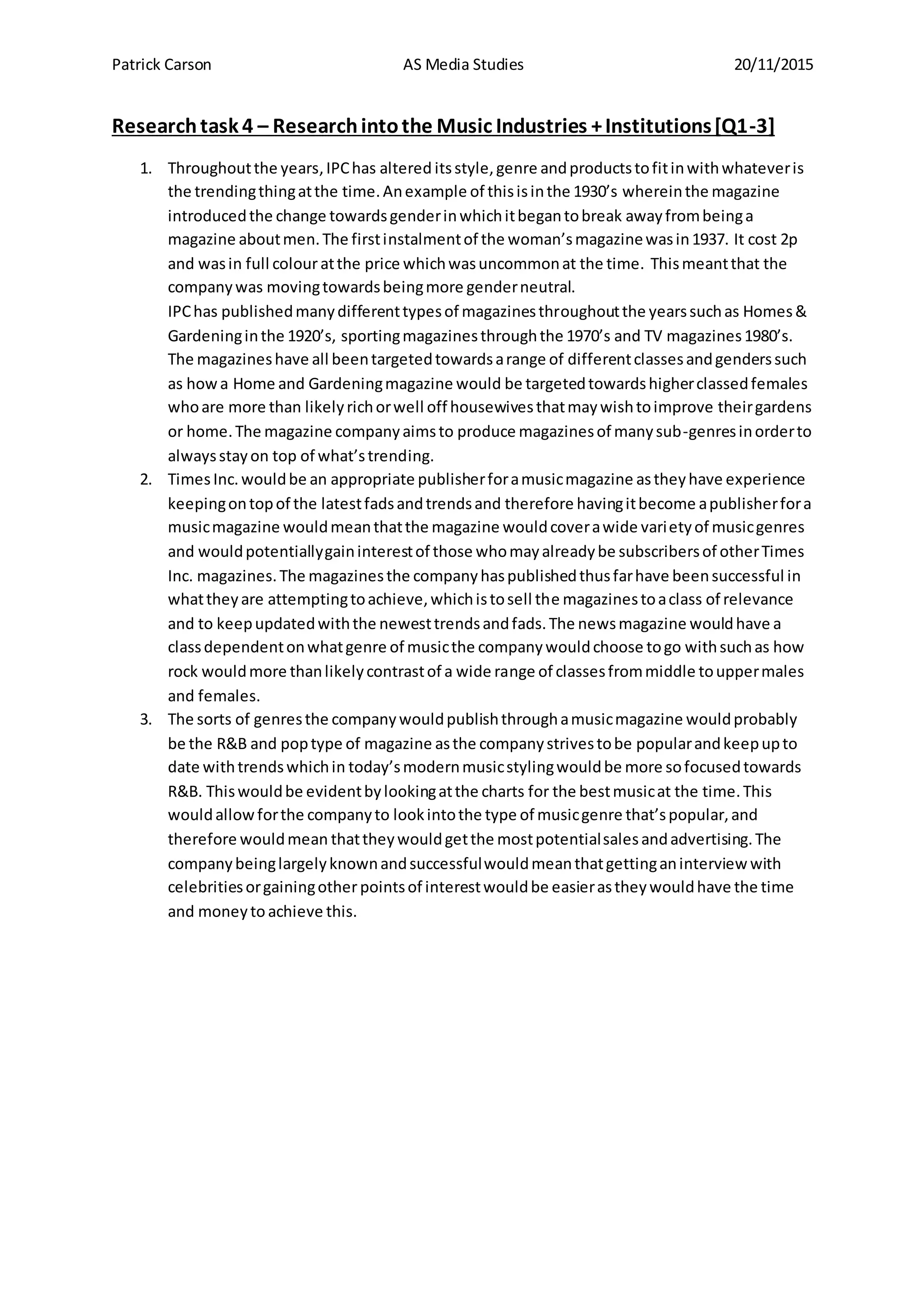 Research task 4 q1 3 | DOCX | Music | Entertainment