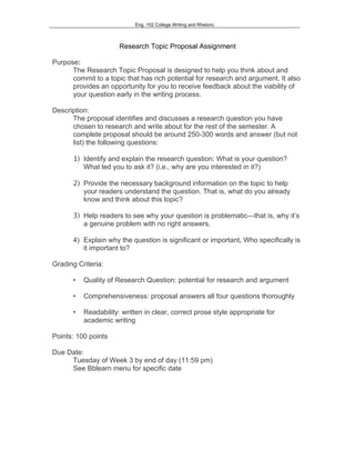 Eng 102H Research topic proposal assignment | PDF