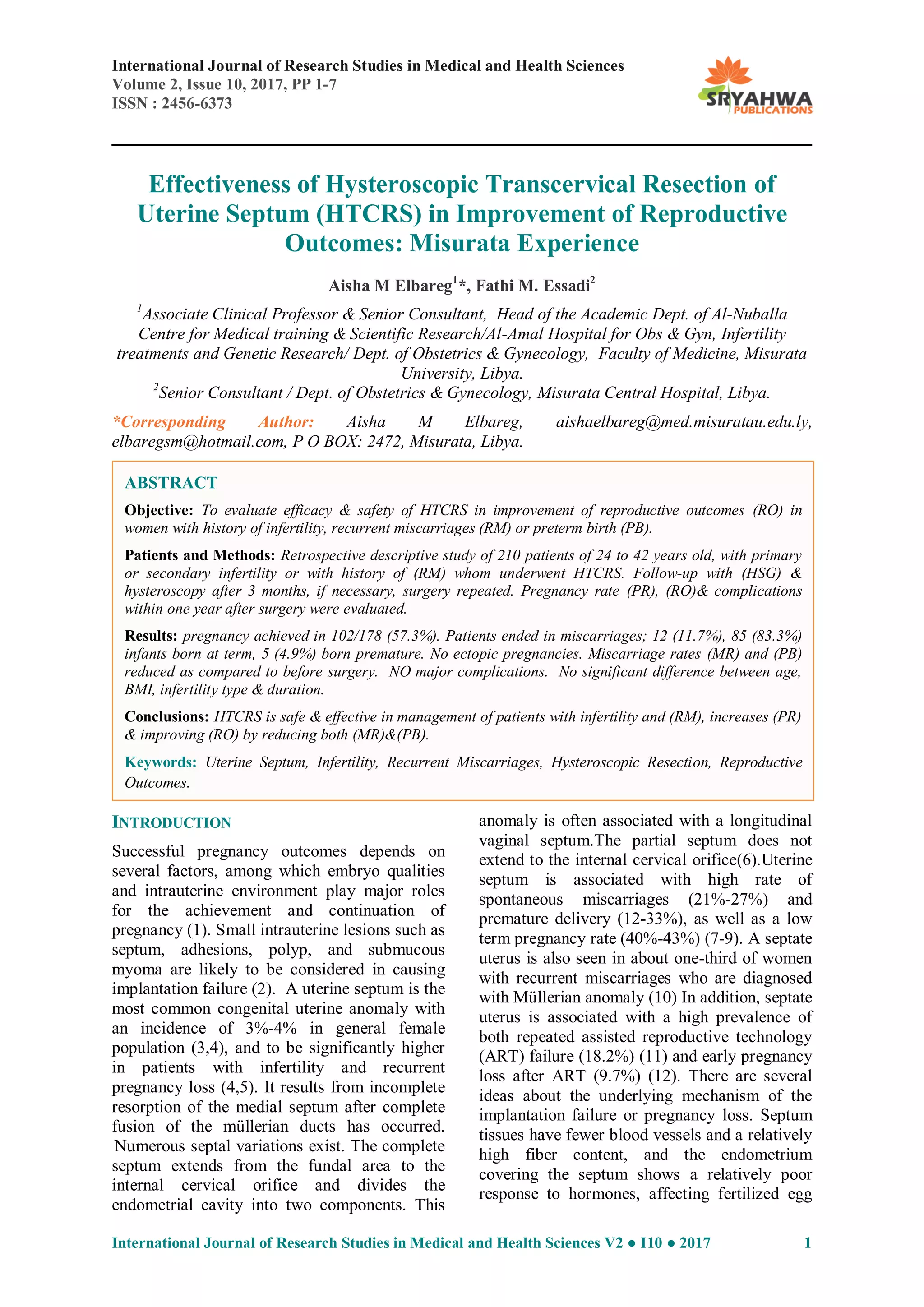 Resection of uterine septum and reproductive outcomes | PDF