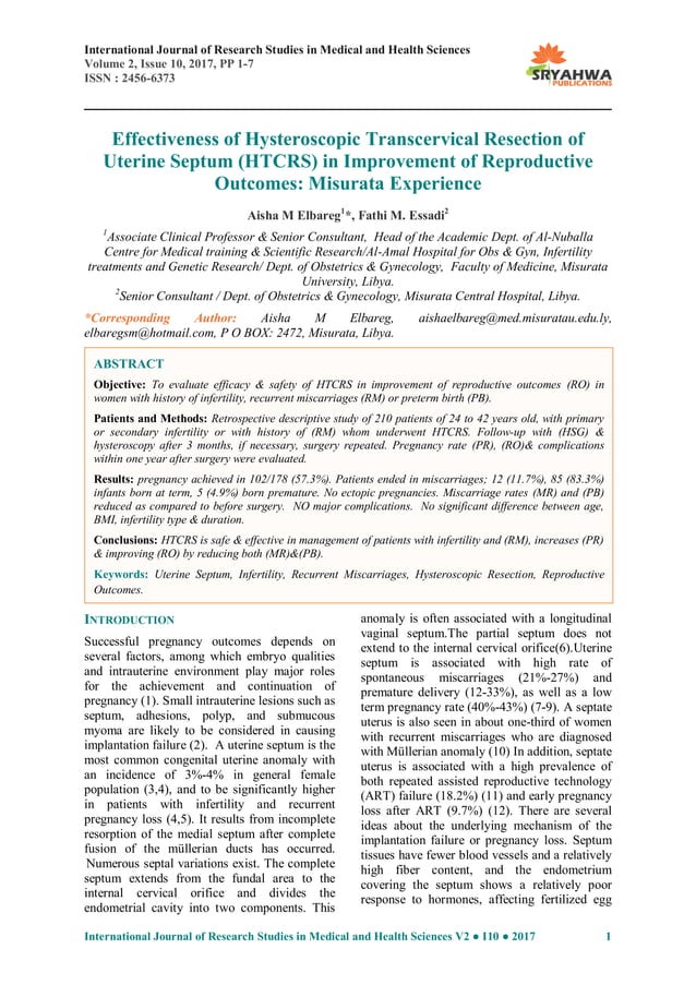 Resection of uterine septum and reproductive outcomes | PDF