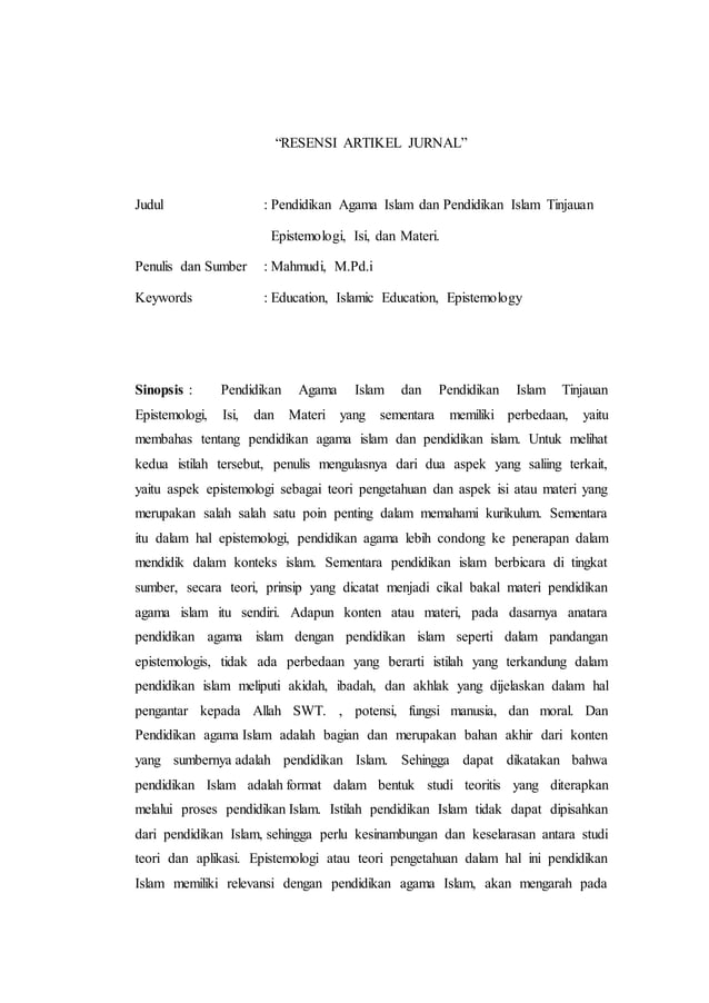 Resensi Artikel Jurnal Pendidikan Agama islam | DOCX