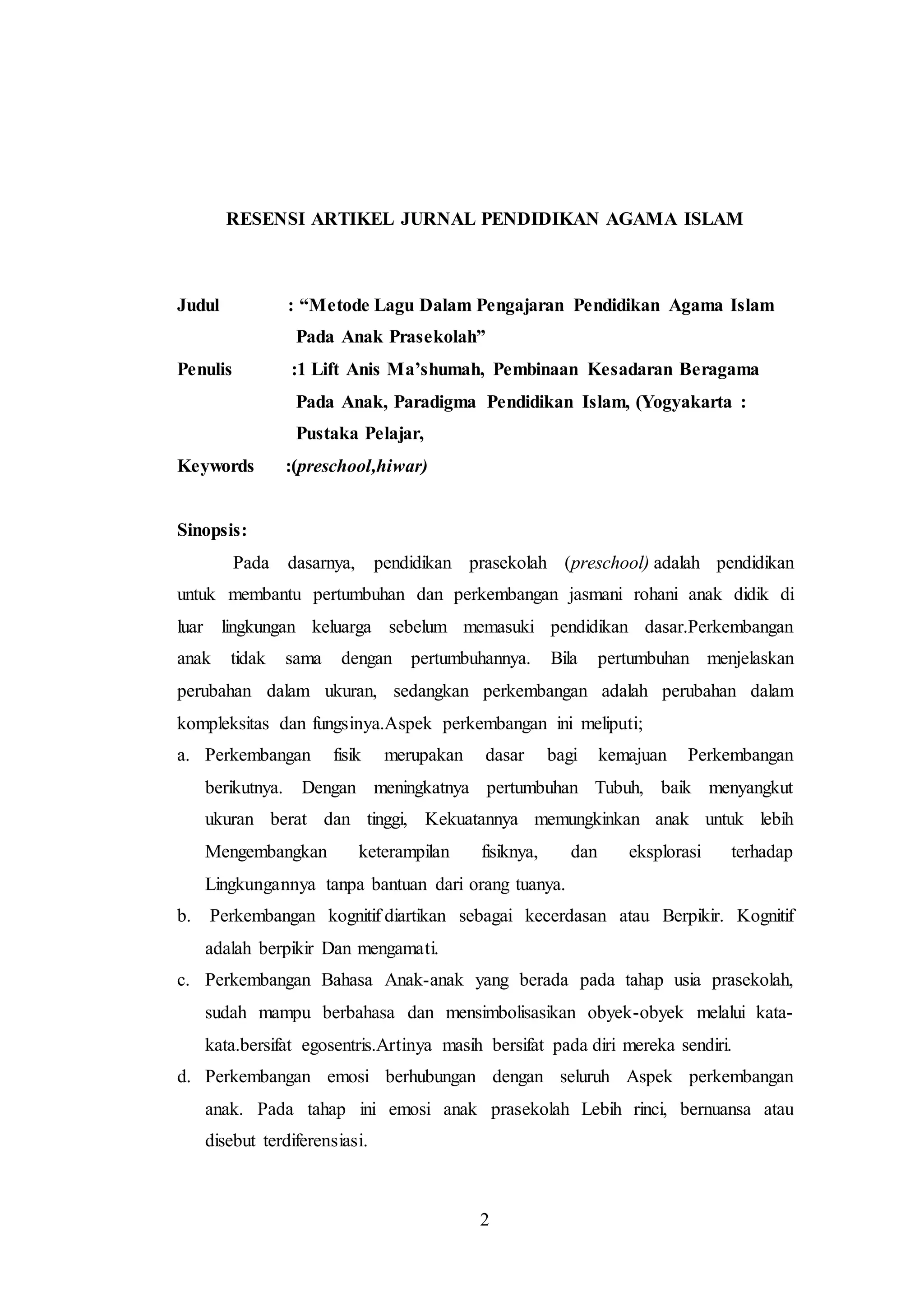 Resensi Artikel Jurnal Pendidikan Agama islam | DOCX