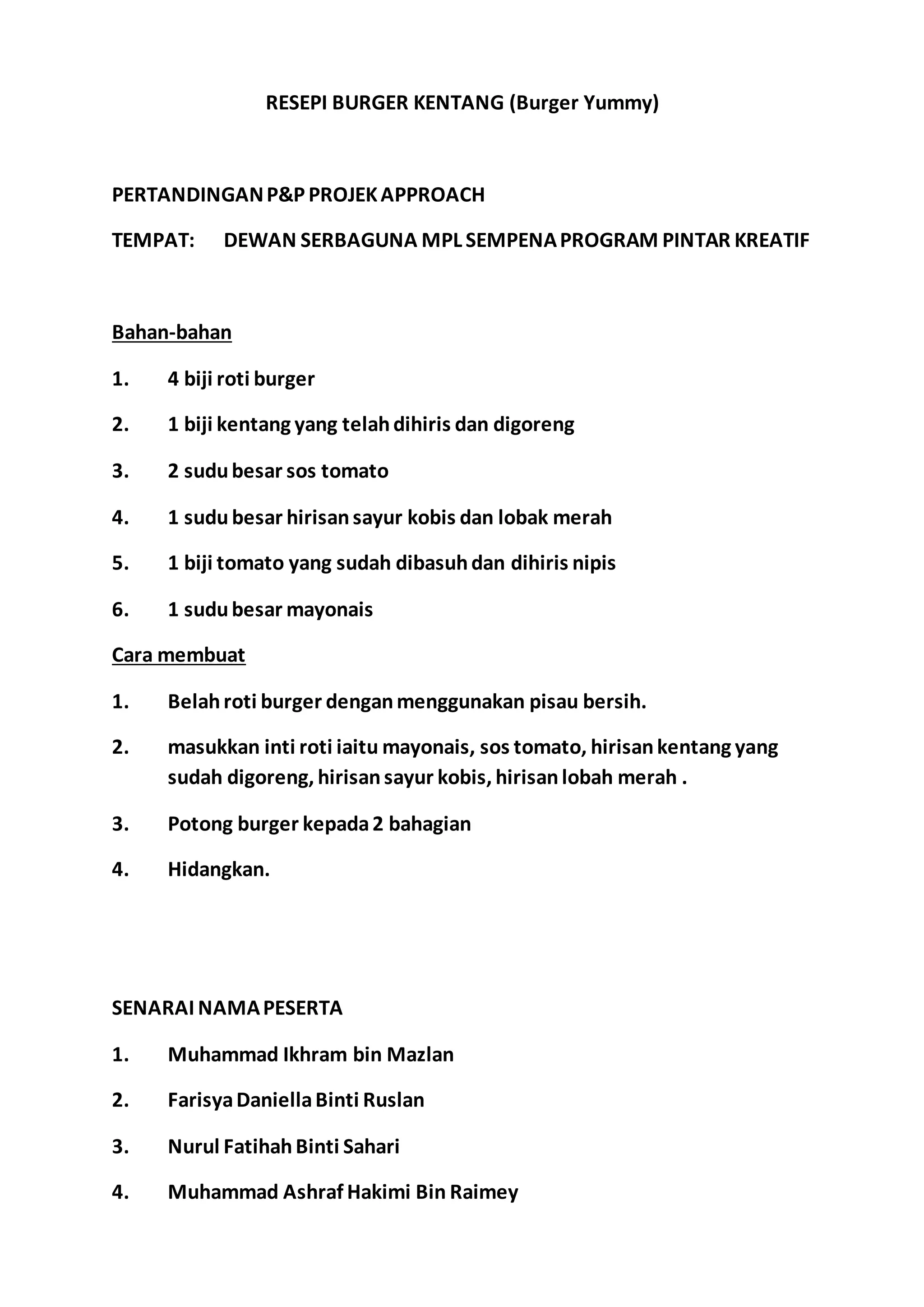 Resepi Burger Sayuran | PDF