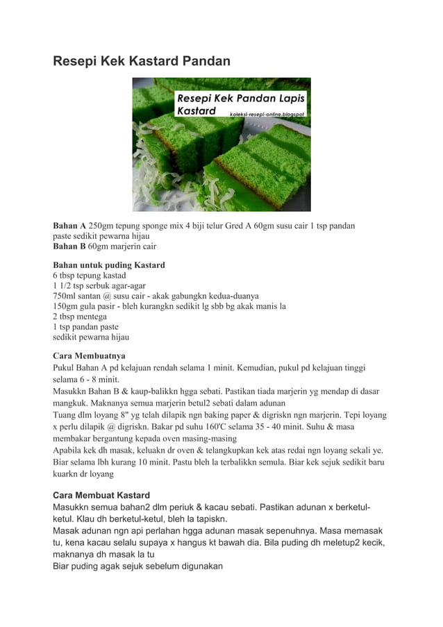 Resepi kek kastard pandan | DOC