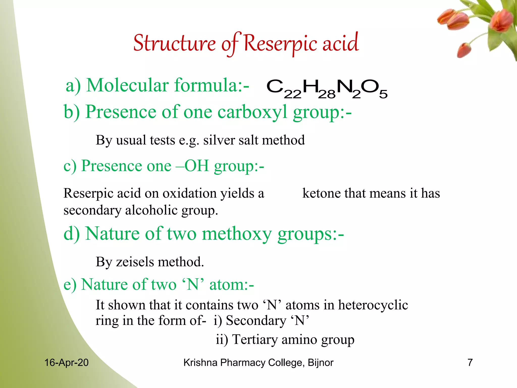 Reserpine(Structure Elucidation, Extraction and Isolation) | PPTX