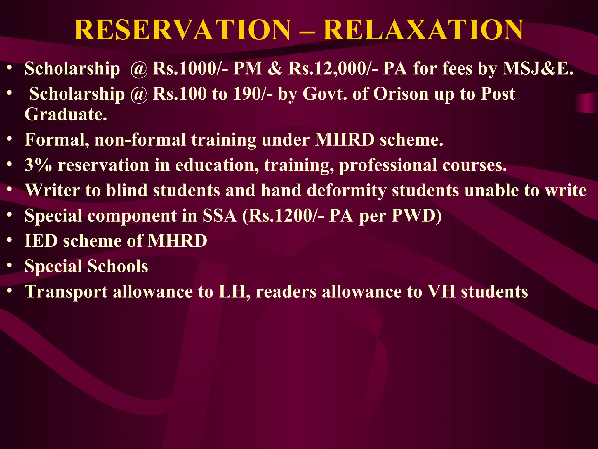 RESERVATION and benefits for pwd in india | PPT