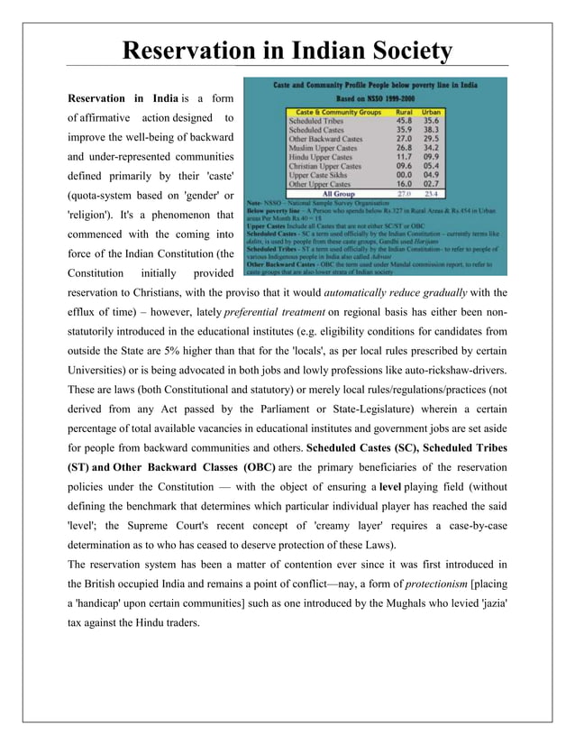 Reservation in Indian Society | PDF
