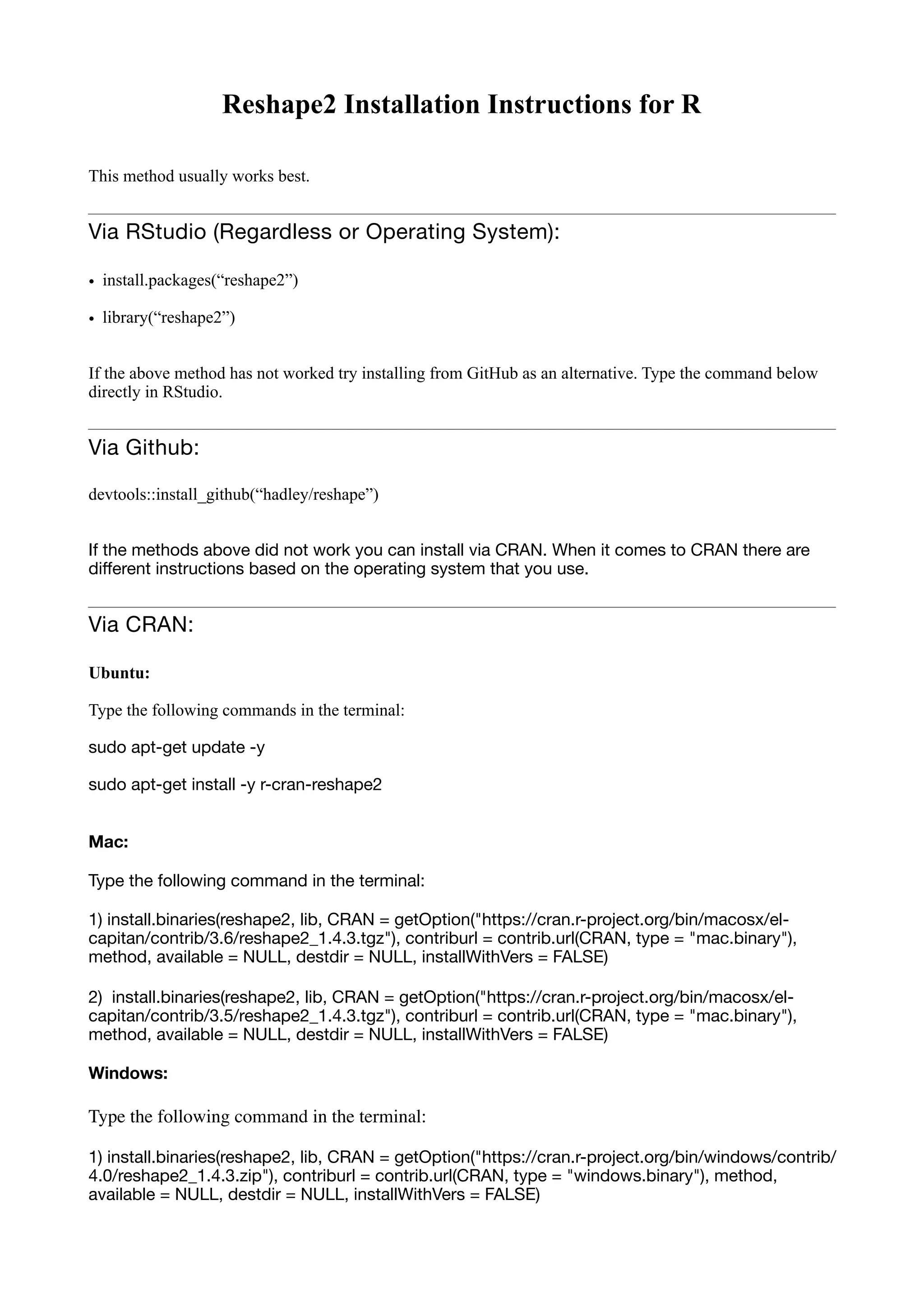 Reshape2 Installation Instructions | PDF