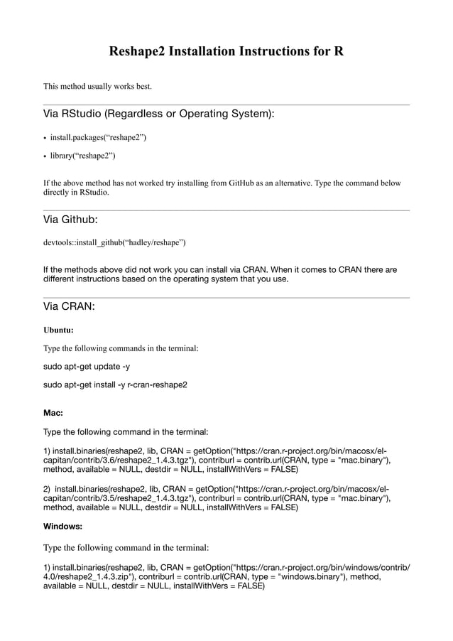 Reshape2 Installation Instructions | PDF | Operating Systems | Computer Software and Applications