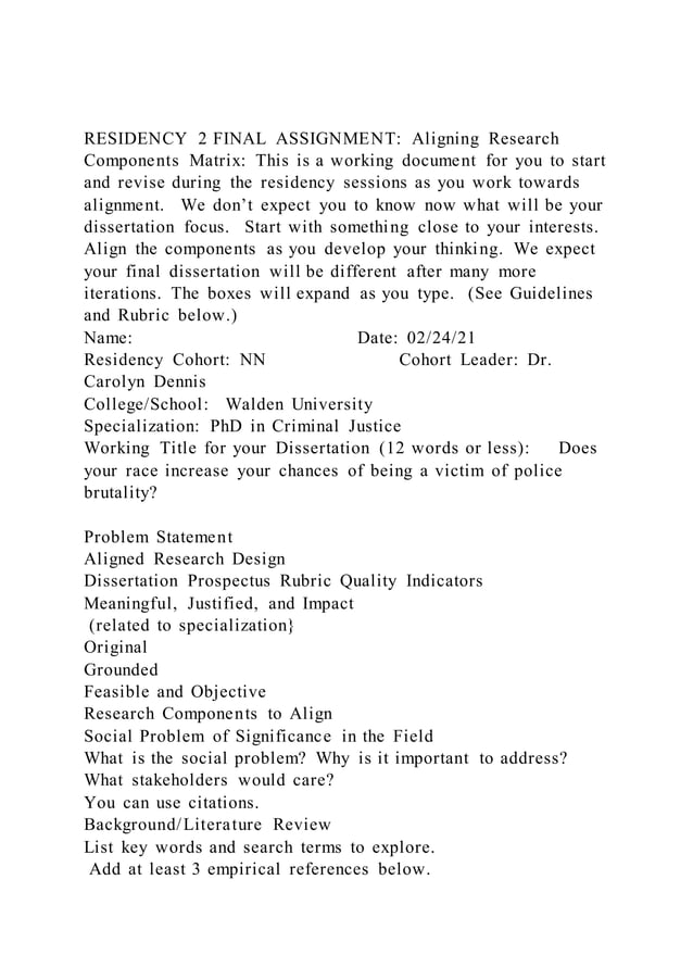 Residency 2 final assignment aligning research components matrix | PDF