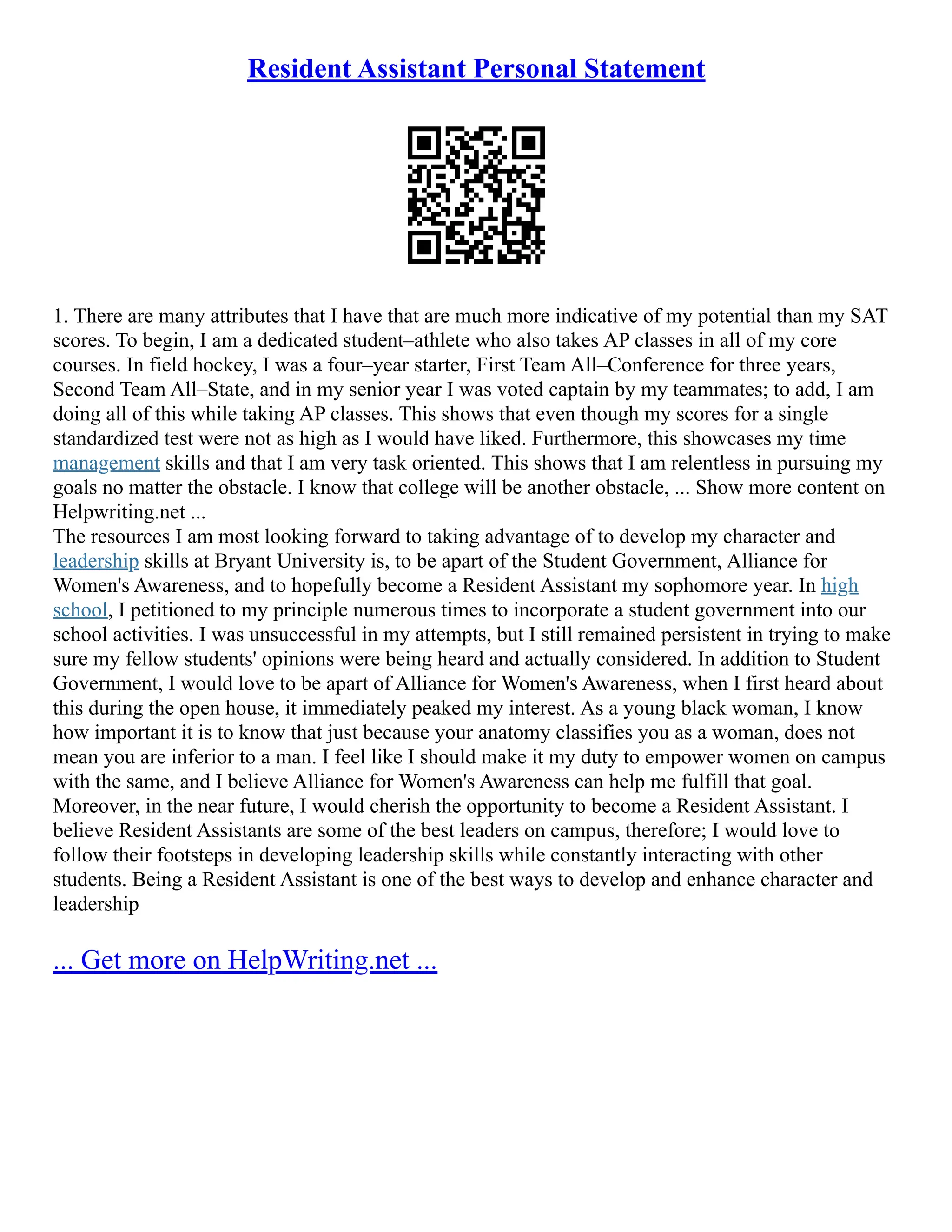 Resident Assistant Personal Statement | PDF
