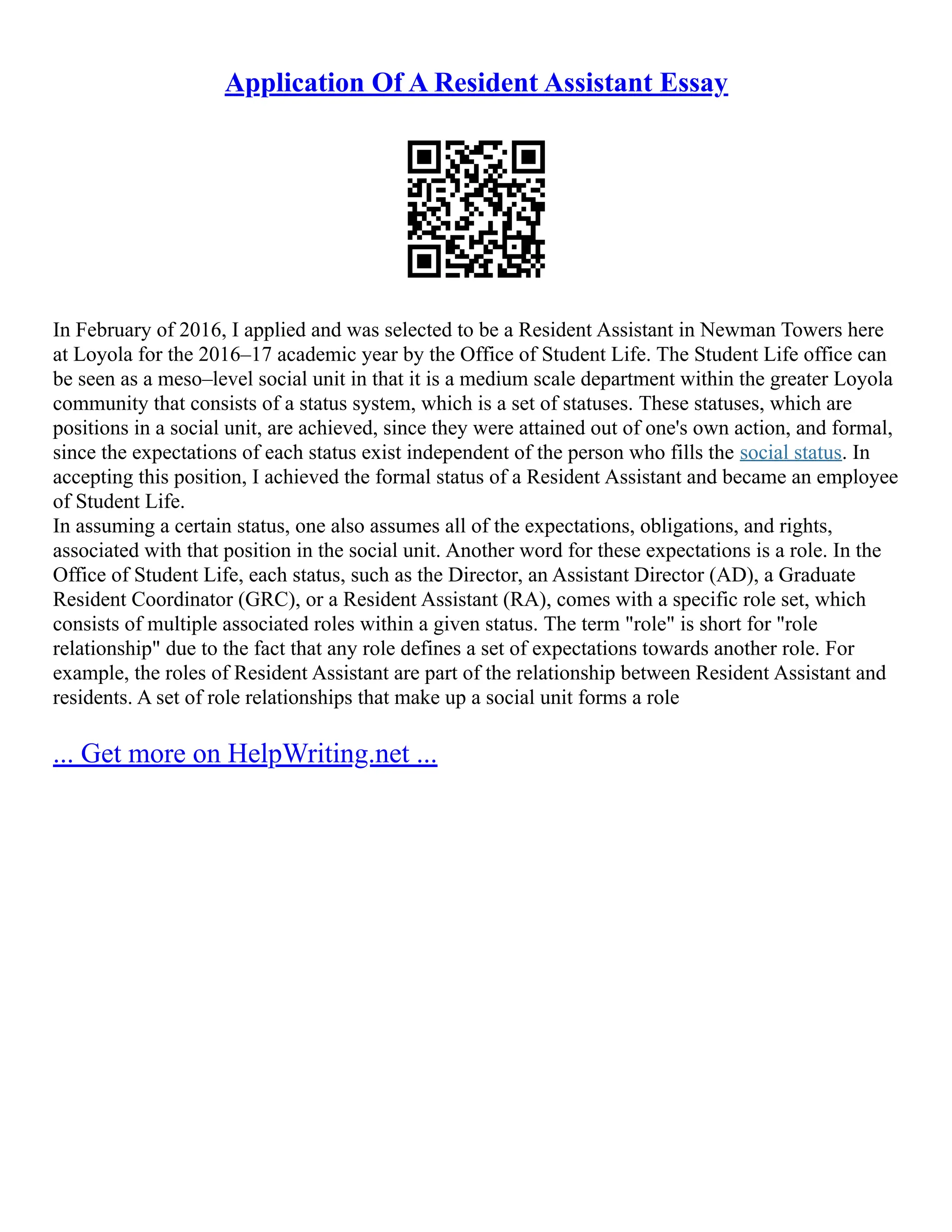 Resident Assistant Personal Statement | PDF