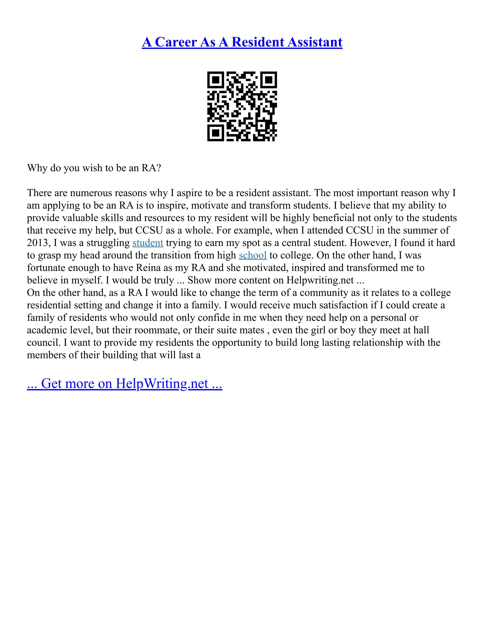 Resident Assistant Personal Statement | PDF