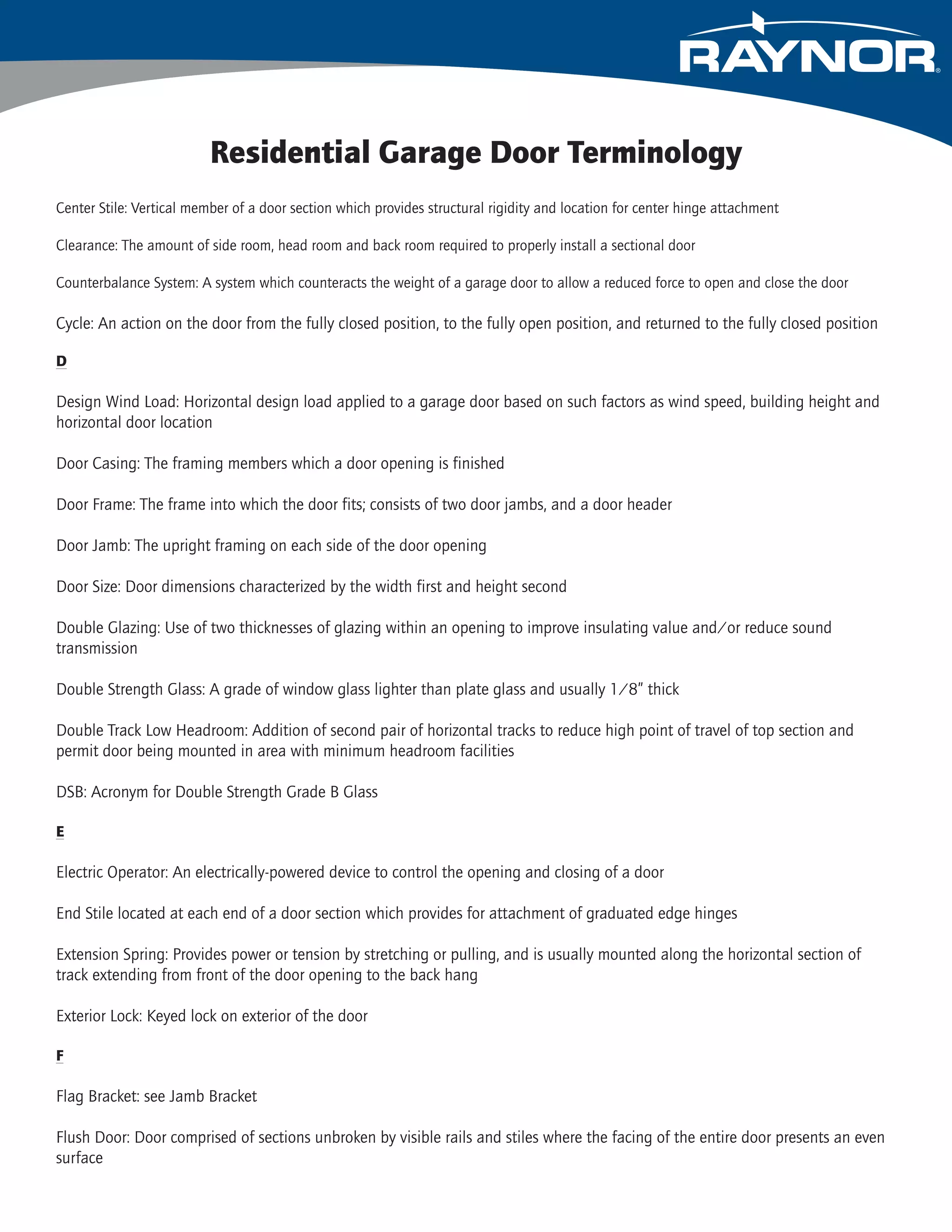 Raynor's Glossary of Residential Garage Door Terminology | PDF