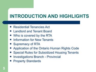 Residential Tenancies Act Basics: A presentation on Tenant's rights in Ontario | PPT
