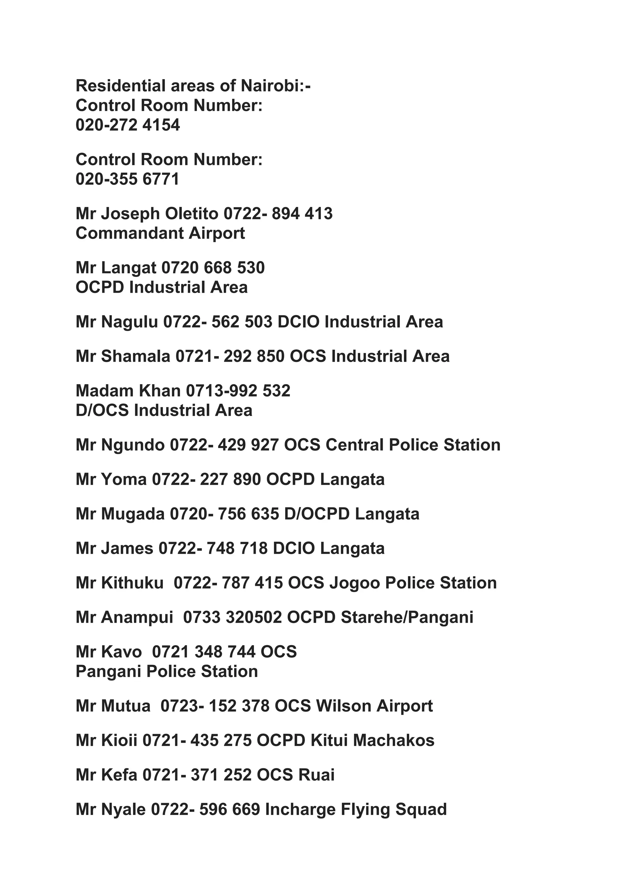 Nairobi Contact Details of Officers In and Around. | DOC