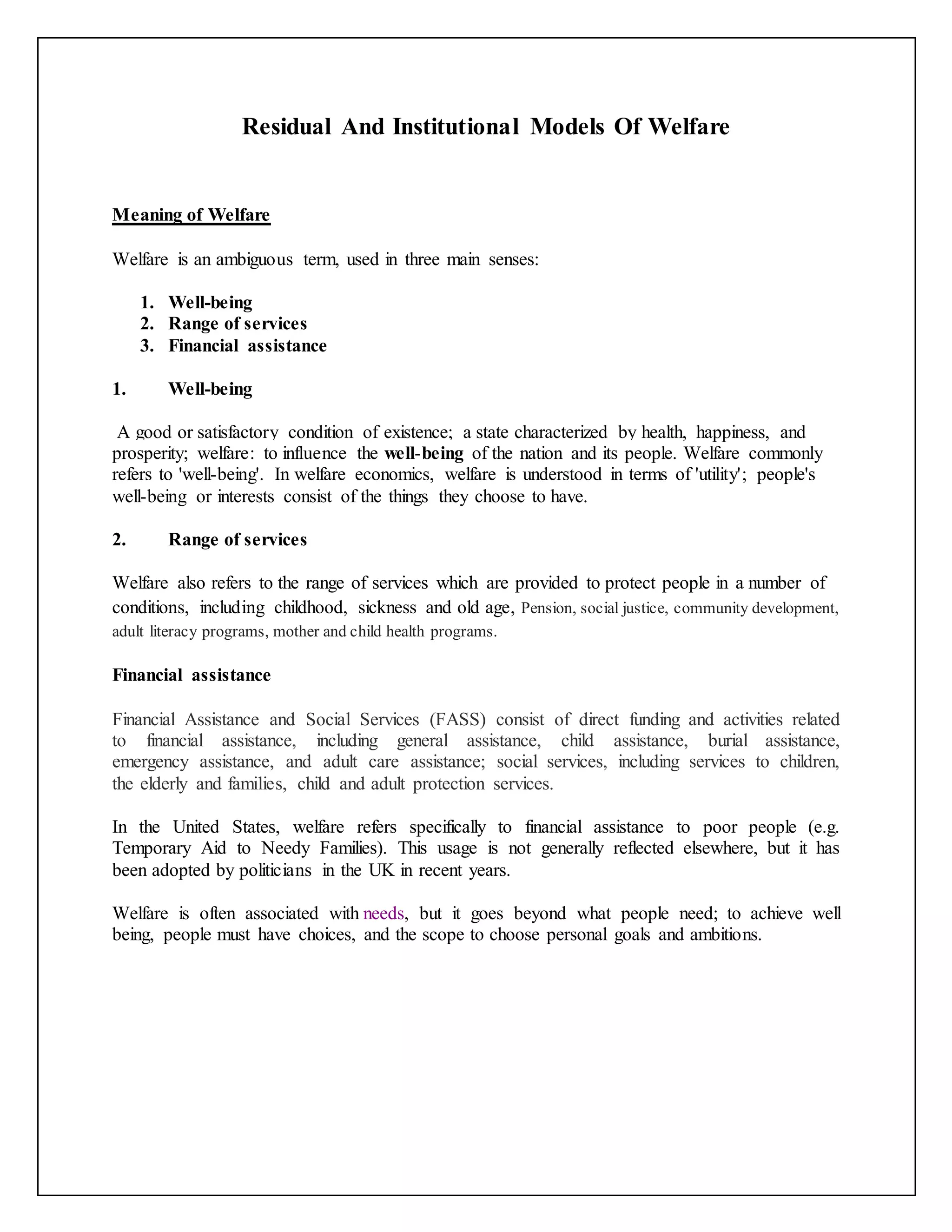 Residual and institutional view of social welfare | DOCX