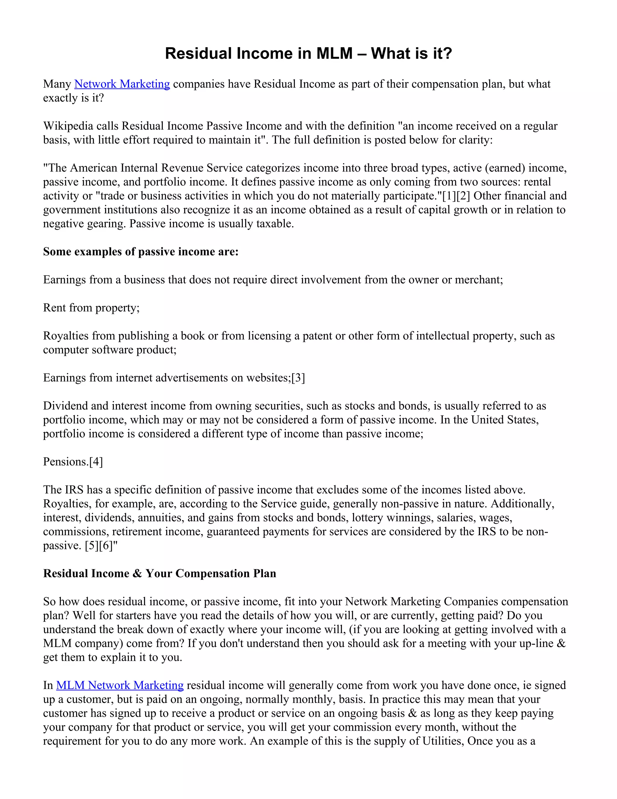 Residual income in MLM - What is it? | DOC