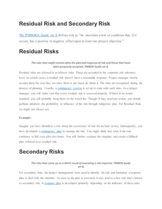 Residual risk and secondary risk - PMP/CAPM from PMI | PDF